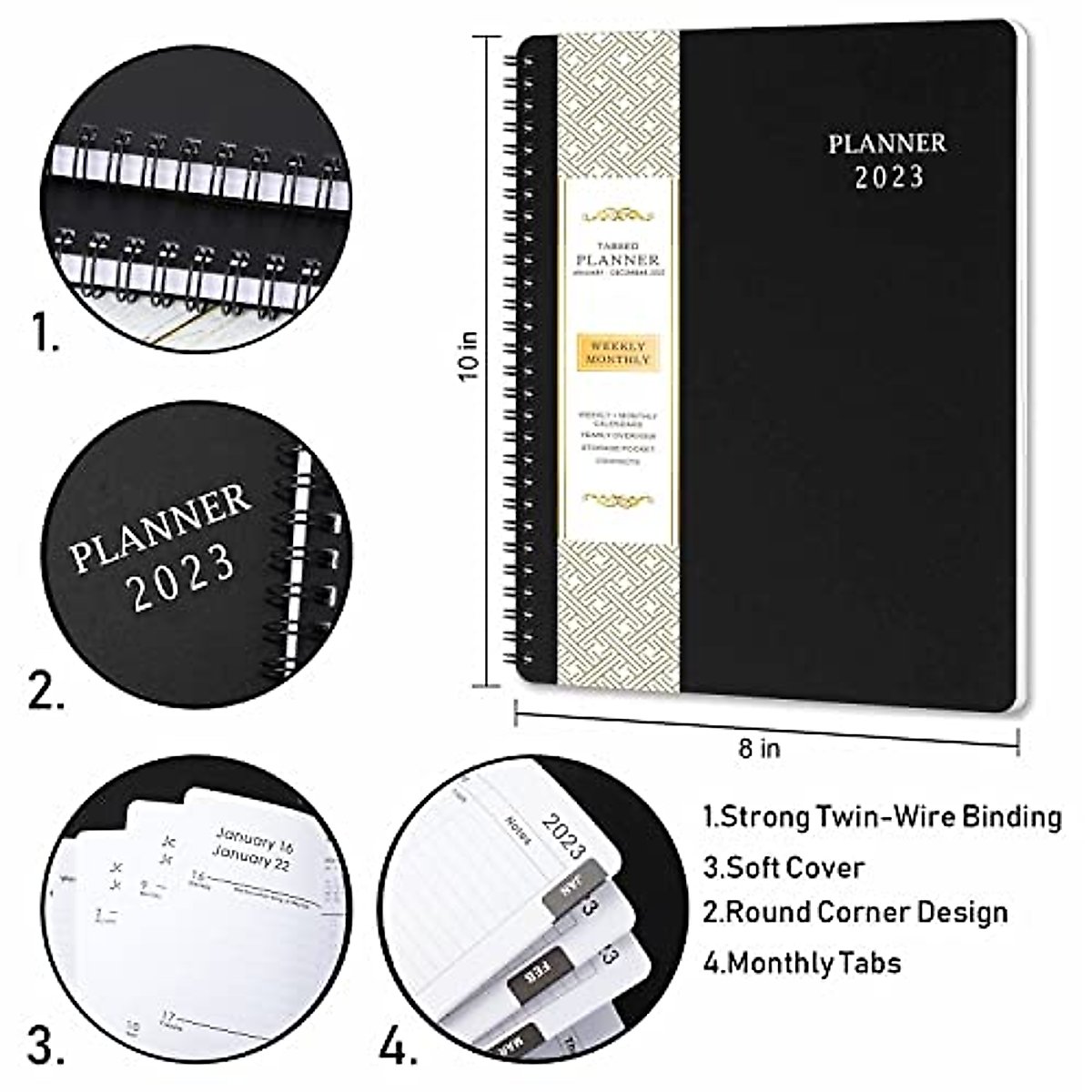 2023 Planner - Jan 2023 - Dec 2023, 8" x 10" (with Twin-Wire Binding), Planner 2023 with Weekly & Monthly Spreads, Strong Twin-Wire Binding, Round Corner, Improving Your Time Management Skill