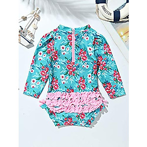 MSemis Infant Baby Girls Floral Printed Ruffled Back Rash Guard UPF 50+ Swimwear Swimsuit Bathing Suit Blue 18-24 Months