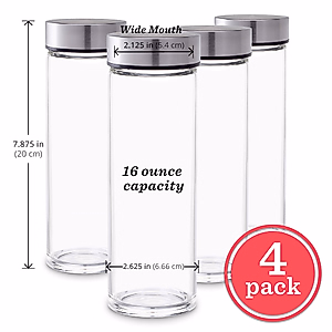 Juice Bottles - 4 Pack Wide Mouth Glass Bottles with Lids - for Juicing, Smoothies, Infused Water, Beverage Storage - 16oz, BPA Free, Stainless Steel Lids, Leakproof, Reusable, Borosilicate
