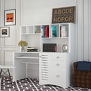 Ucloveria Computer Desk with Hutch,Home Office Wood Executive Desk with Drawers,Open Shelf,Writing Laptop Table with Keyboard Tray,File Cabinet Computer Desk for Bedroom,White