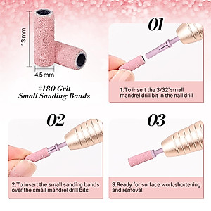 MelodySusie 50 Pcs Nail Drill Bits Small Sanding Bands with 3.1mm Mandrel Bit, 180 Fine Grit Nail File for Acrylic Nails Gel Manicures and Pedicure, Pink