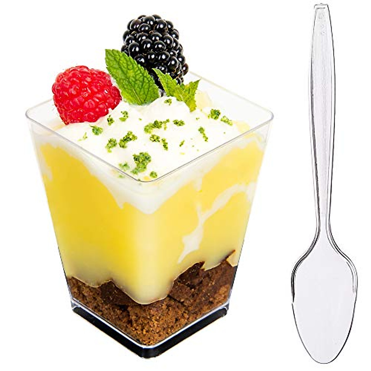 DLux 50 x 5 oz Mini Dessert Cups with Spoons, Square Large - Clear Plastic Parfait Appetizer Cup - Small Reusable Serving Bowl for Tasting Party Desserts Appetizers - With Recipe Ebook