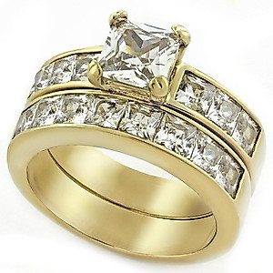 Marimor Jewelry His and Her 14K Gold Plated Stainless Steel 3 Piece Wedding Engagement Ring and Men's Band Set Women's Size 09 Men's 06mm Size 13