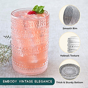 NASONI GLASSWARE 14 oz Hobnail Highball Glasses Set of 6 (Clear) - Embossed Beaded Glass Tumbler Vintage XL Drinkware Double Old Fashioned Cups for Beverages, Cocktails, Margaritas, Juice, Water