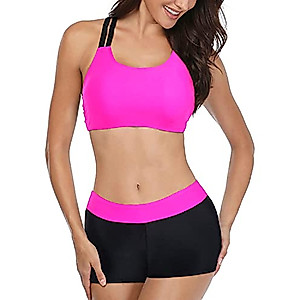 Yonique Tankini Swimsuits for Women 3 Piece Bathing Suits Swim Tank Top with Boy Shorts and Bra Modest Swimwear Pink02 L