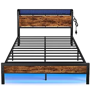 Furnulem Full Bed Frame with LED Lights,Industrial Storage Headboard with Charging Station,USB Port,Under Bed Storage,Wood Platform with Strong Metal Support,No Box Spring Needed, Silent