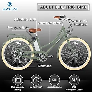 AVASTA 26'' Electric Bike E Bike with 36V 10.4AH Removable Battery Road City Cruiser 350W Motor Ebike 6-Speed Step-Through Hybrid Bicycle Commuting for Adult, Up to 70 Miles, Green