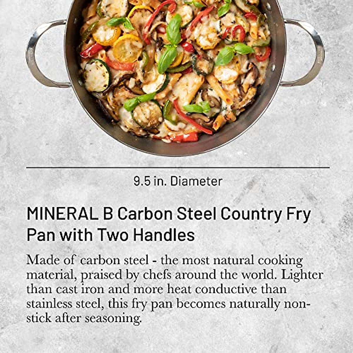 de Buyer MINERAL B Carbon Steel Country Fry Pan with Two Handles - 9.5” - Ideal for Sauteing, Simmering, Deep Frying & Stir Frying - Naturally Nonstick - Made in France