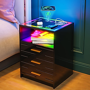Lvifur LED Nightstand with Wireless Charging Station and 24 Color Dimmable Auto Sensor for Bedroom Furniture,RGB Touch Screen Night Stand with USB&Type-C Ports and 3 Drawers(High Gloss Black)