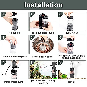 hygger 100 GPH Quiet in Tank Filter with Sponge Bio Balls Airtubing Electric Internal Fish Tank Filter for 10-40 Gallon Aquariums Turtle Tank Venturi Aeration 7W