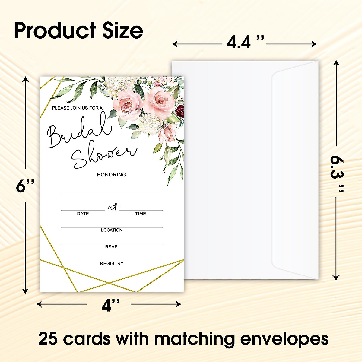 Set of 25 Bridal Shower Rose Floral Invitations with Envelopes, Modern Invites for Bridal Shower, Wedding Party Invitations, Fill in Style Invites Cards -007