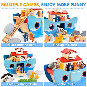 JUSTWOOD Wooden Noah's Ark Toy Animal Play Set, Bible Story Toys Baptism Gift for Boys and Girls, Baby Shape Sorter Toy, Comply with 2025 New ASTM F963-23