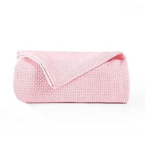 BOUTIQUO 100% Cotton Bed Blanket, Breathable Thermal Blanket Full - Queen Size, Soft Honeycomb Waffle Blanket 90"x90", Cotton Bed Blanket, Perfect for Layering Any Bed for All Season, Pink