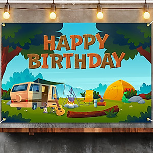 Camping Birthday Backdrop Banner Decorations Happy Camper Tent Themed Bday Background for Boys Girls Men Women Photography Party Decor Supplies