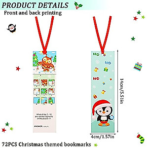 72 PCS Christmas Holiday Bookmarks Christmas Bookmarks Bookmarks for Students Xmas Bookmarks with Santa Snowman Reindeer Christmas Tree Design Christmas Bookmarks for Kids