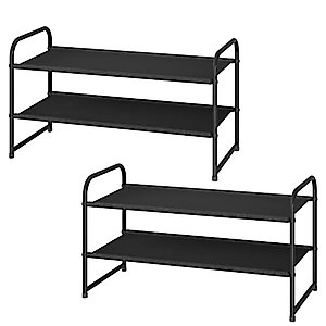Simple Trending 2 Pack 2-Tier Stackable Shoe Rack, Expandable & Adjustable Fabric Shoe Shelf Storage Organizer, Black