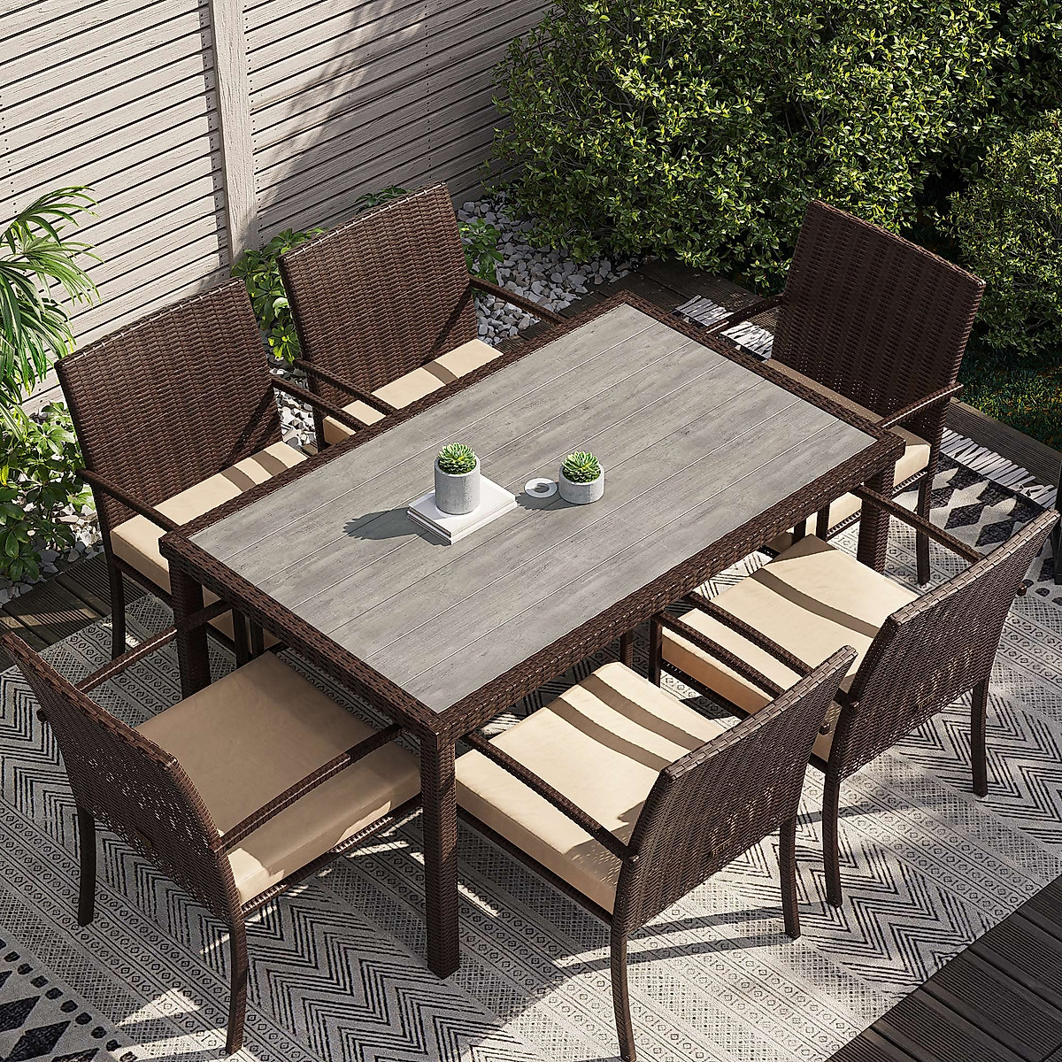 BELLEZE Rattan Patio Set 7 Piece, Slatted Wicker Dining Table and Chairs, Outdoor Furniture with Umbrella Cutout, Removable Cushions for Porch - Mariel (Brown)