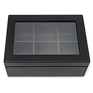 Break Tradition Wooden Tea Organizer For Tea Bags - Black Wooden Tea Chest With 6 Compartments - Clear Top Window - Lid Stays Open (Black)