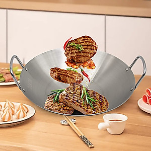 Aynaxcol Round Bottom Stainless Steel Wok, Traditional Canton Style Frying Pan Multi- Cooking Wok Dual- Handled Heavy Stainless Steel Wok (10 Inch/ 26cm)