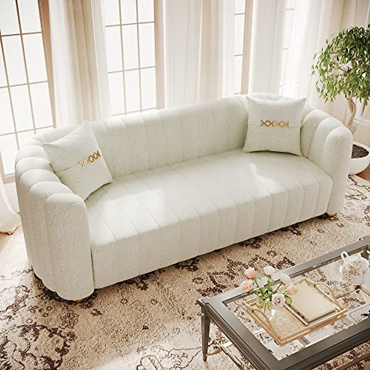 yunqishi KEAI 83.46" Velvet Couch for Living Room Teddy Large Modern Sofa with Gold Metal Sphere Legs Office Upholstered Comfy 3 Seater Couches Cute Sherpa Bedroom Furniture (Teddy Cream White)