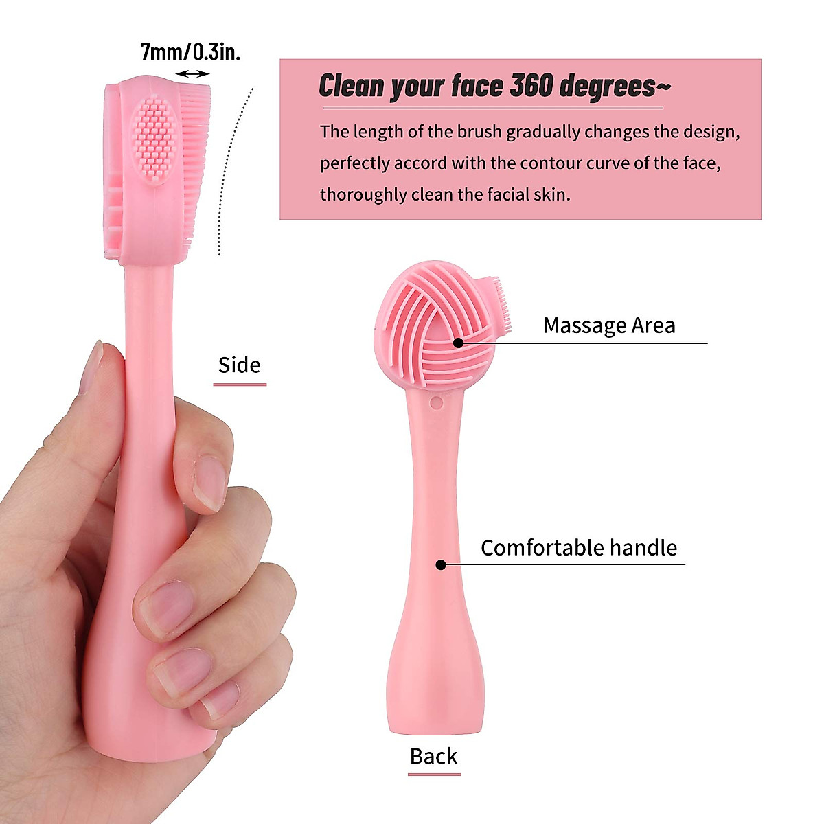 Silicone Facial Cleansing Brush 3 Designs, Beomeen 4 in 1 Handheld Face Scrubber for Deep Gentle Exfoliating, Double-Ended Face Wash Scrub Brush for Face Skincare and Massage (Pink)