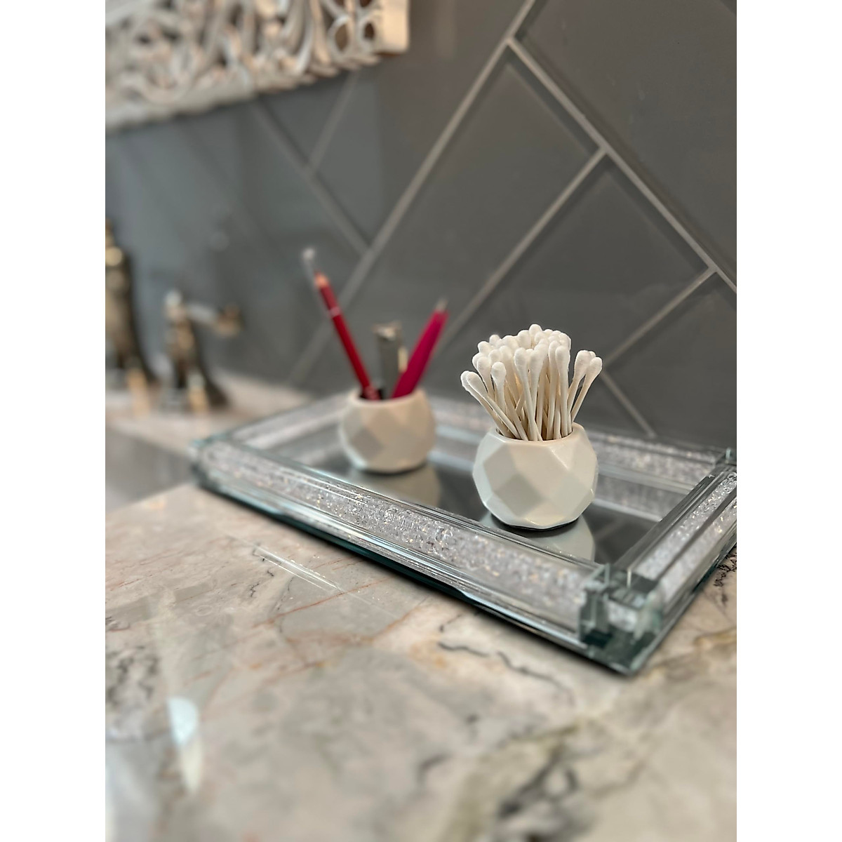 Home Haven Decorative Qtip Holder - Classic White Oval Design - Q Tip Holder for Bathroom, Floss Pick Holder, Flosser Holder, Q-tip Holder, Q Tips Holder, Qtips Holder, Adorable 2" Qtip Jar