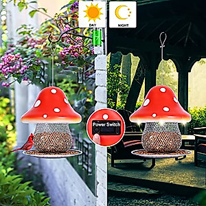 Red Bird Feeders, Mushroom Solar Bird Feeder for Outdoor Hanging, Metal Bird Feeder for Cardinal, Finche, Blue Jays, Chickadee, Sparrow and Wild Birds 3.5 lbs Seed Capacity, Gift for Bird Lovers
