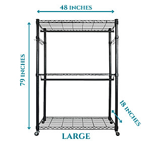 Rossmore Home Essentials Heavy Duty Rolling Garment Rack 3 Tiers Adjustable Wire Shelving Clothes Rack with Double Rods and Side Hooks, Freestanding Wardrobe Storage Rack Metal Clothing Rack, White(L)