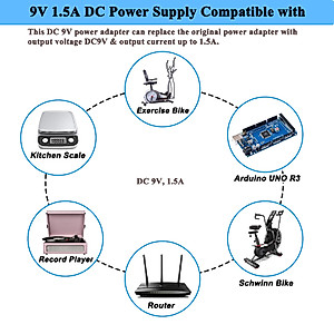 9V 1.5A Power Supply DC 9V Power Cord, 110-240Vac to DC 9Vlot 1A AC Adapter DC Plug Center Positive, for DC9V Arduino UNO R3, Schwinn Bike A10 140 170, Crosley Cruiser Record Player.