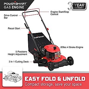 PowerSmart Gas Powered Push Lawn Mower 21 Inch 209 CC Engine, 3 in 1 Bag, Side Discharge, and Mulching Capabilities, DB2321PH Red