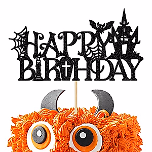 Black Glitter Halloween Happy Birthday Cake Topper, Birthday Witch/Rip Twenties, Halloween Themed Birthday Party Decorations