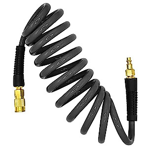 YOTOO Polyurethane Recoil Air Hose 3/8" Inner Diameter by 10' Long with Bend Restrictor, Repairable 1/4" Industrial Quick Coupler and Plug, Gray