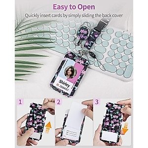Uniclife Floral Sliding Badge Holder Purple Flower Plastic Case with Retractable Badge Reel Carabiner Clip & Detachable Lanyard Strap Fashionable Vertical Card Protector for Women Teacher Student