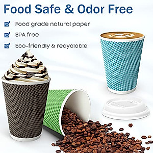 MRcup [40 Packs] 12oz Insulated Triple Wall Coffee Cups with Lids and Straws, PerfectTouch Leakfree Disposable Coffee Cups, Anti-slip Anti-spill Togo Hot & Cold Reusable Paper Cups, Colorful