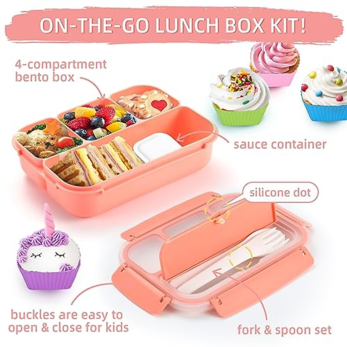 QQKO Bento Lunch Box for Adult Men Women, Toddler Kids Lunch Boxes for School Girls Boys, Lunch Containers for Adults Kids with 4 Compartments, Sauce Container, Utensils and Muffin Cups, Pink