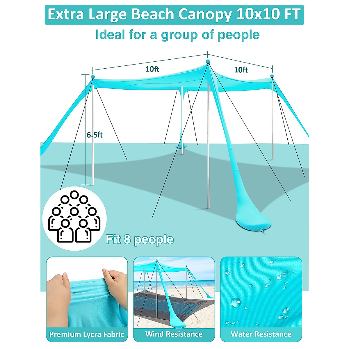 anngrowy Beach Tent Canopy 10'x10' Beach Tents Sun Shelter 6-8 Person Beach Canopy Tent Sun Shade Easy Setup Pop Up Beach Shade Canopy Portable Beach Tent UPF 50+ Waterproof Windproof Beach Canopy