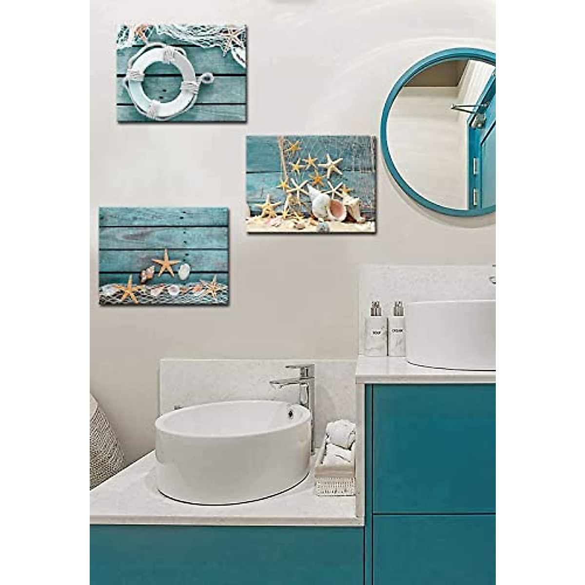 Biuteawal- 3 Piece Canvas Wall Art Starfish Shell on Teal Board Painting Prints Beach Nature Picture Canvas Artwork for Home Kitchen Bathroom Living Room Wall Decor Ready to Hang