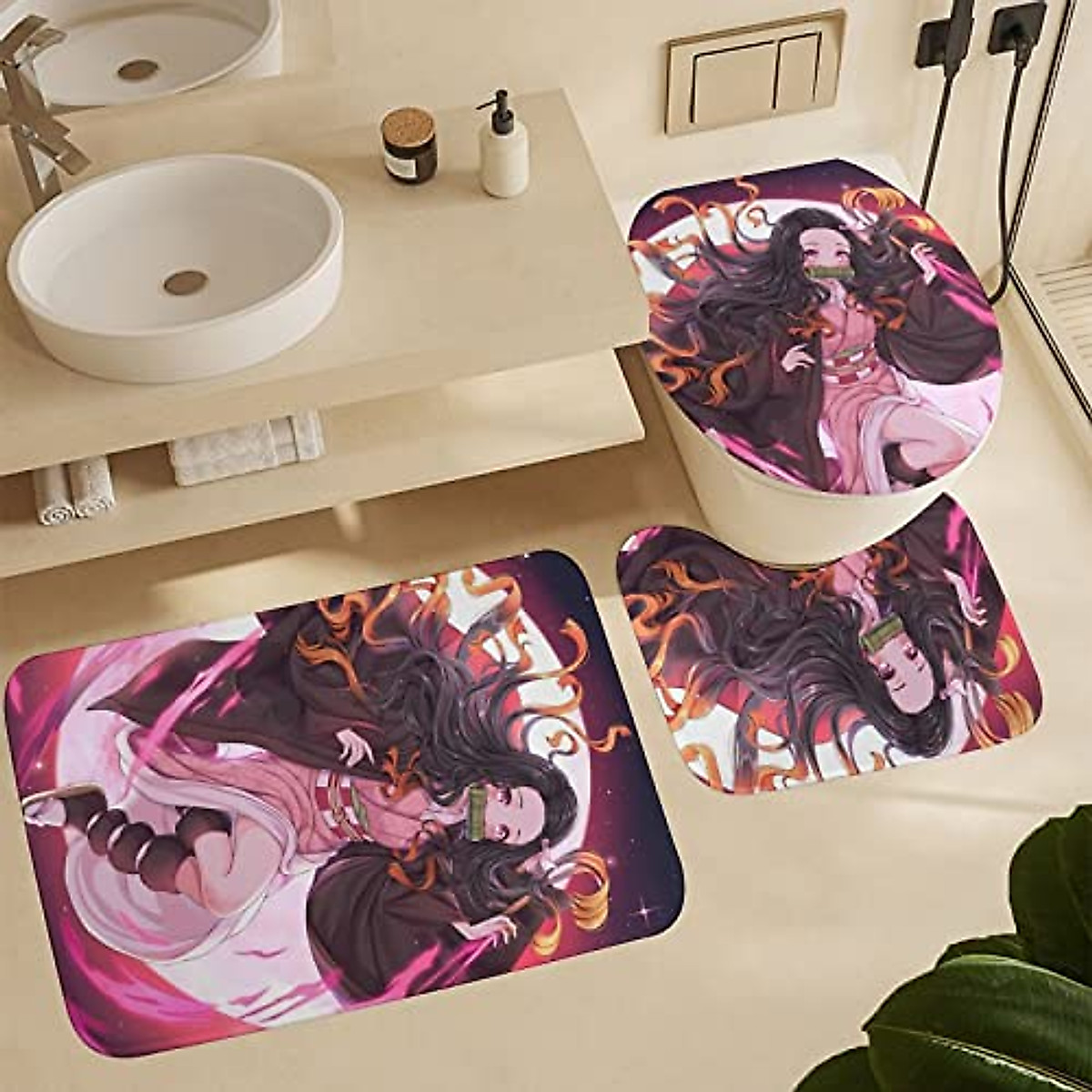 FFIS Anime 𝐃𝐞.𝐌𝐨𝐧 𝐒𝐥𝐚.𝐘𝐞𝐫 𝐍𝐞𝐳𝐮.𝐊𝐨 Bathroom Shower Curtain Set, 4 Piece Bathroom with Waterproof Shower Curtain and Non Slip Shower Mat & Toilet Lid Cover Mat U Carpet