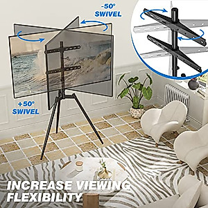 Rfiver Artistic Easel TV Tripod Stand for 32 to 65 Inch LCD LED Flat Curved Screens up to 77 lbs, 100° Swivel Minimalist TV Stand for Living Room Corner, Height Adjustable Floor TV Mount, Black
