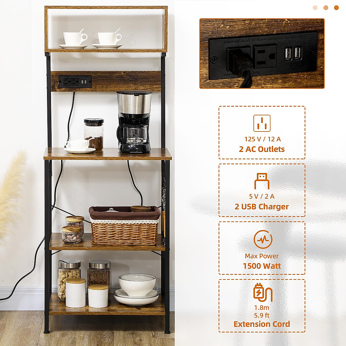 HOMCOM Kitchen Bakers Rack with Power Outlet, USB Charger, Microwave Stand, Coffee Bar with Adjustable Shelves, 5 Hooks for Spices, Pots and Pans, Rustic Brown