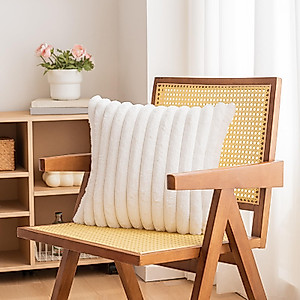 BAOLIZEGAO Double-Sided Faux Fur Plush Throw Pillow Covers 18x18 Set of 2 Fuzzy Striped Soft Cozy Pillowcase Luxury Decorative Pillows Square Shaggy Cushion Covers for Couch Sofa Bed,Cream White