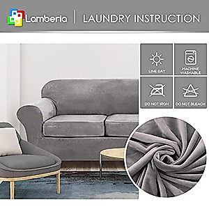 Lamberia High Stretch Sofa Cover for 3 Cushion Couch 4 Pieces Thick &Washable Plush Velvet Sofa Slipcover Couch Cover Furniture Protector for Dogs,Pets&Kids(Sofa-L,Silvergray)