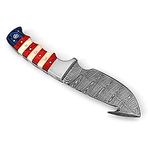 zZZ Damascus Gut Hook Skinning hunting Knife With Leather Sheath- Best Damascus Steel American Flag Hunting Knife