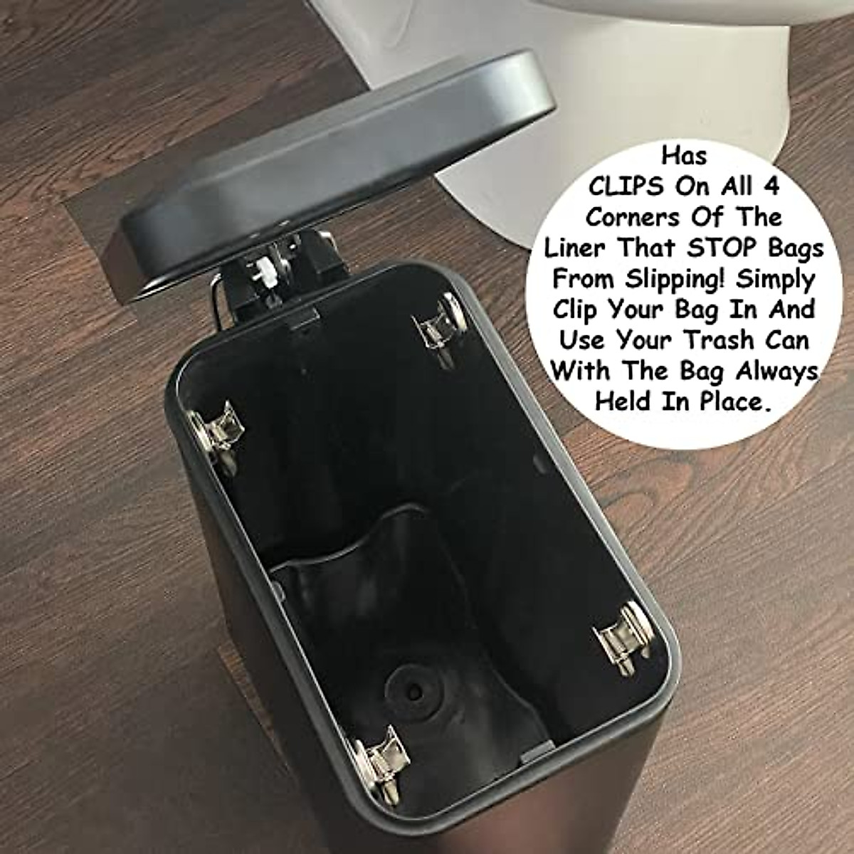 Soft Close, Rectangular Trash Can 5L with Anti - Bag Slip Liner and Lid, Use as Mini Garbage Basket, Slim Dust Bin, or Decor in Bathroom, Restroom, Kitchen, or Bedroom (5L / 1.3 Gallon, Matte Black)