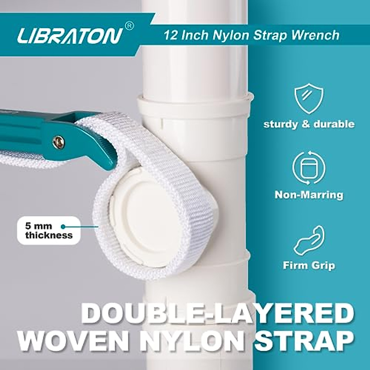 LIBRATON Strap Wrench, Nylon Strap Wrench, 12" Adjustable Oil Filter Strap Wrench, Strap Wrench Plumbing Heavy Duty, Double Layered Nylon Strap Wrench, Handle Belt Wrench