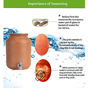 Village Decor Handmade Earthen Clay Water Pot | Clay Beverage Dispenser with Stainless Steel Faucet and Clay Glass, Capacity 6000 ml / 202 oz