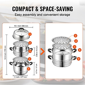 VEVOR Steamer Pot 11in/28cm, 3 Tier Steamer Pot for Cooking with 8.5QT Stock Pot, Vegetable Steamer & 2 Steaming Tray, Food-Grade 304 Stainless Steel Food Steamer Cookware for Gas Electric Stove Grill