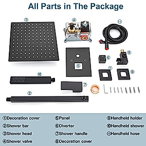 Midanya Matte Black Rain Shower System 10 Inch Square Rainfall Shower Head Wall Mount Shower Faucet Set with Hand Sprayer Rough-in Valve Trim Kit Bathroom Mixer Shower Combo Set