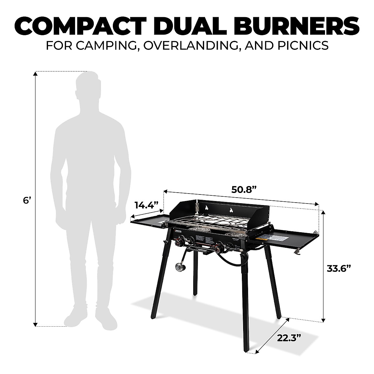 Outland Living 2 Burner Camp Stove with Dual Ring Flame Control - Princeton Portable 2 Burner Propane Gas Stove for Outdoor Cooking with Dual Integrated Lids, Removable Wind Fence and Legs