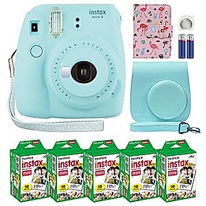 Fujifilm Instax Mini 9 Instant Camera Ice Blue with Custom Case + Fuji Instax Film Value Pack (50 Sheets) Flamingo Designer Photo Album for Photos